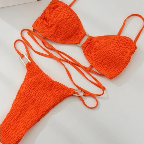 Swim | Like New Orange Smocked High Cut String Thong Bikini Set Ring ...